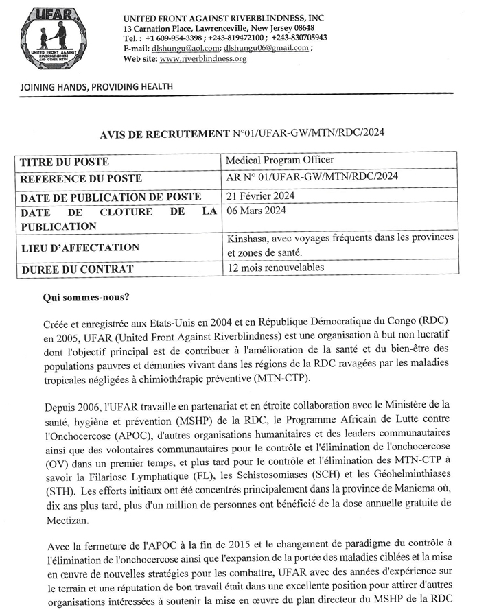 mediacongo.net - Offre d'emploi - Medical Program Officer