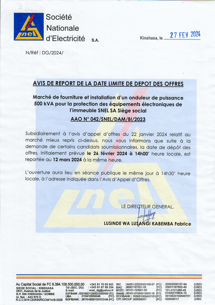 mediacongo.net - Offre d'emploi - Marché de fourniture et installation ...