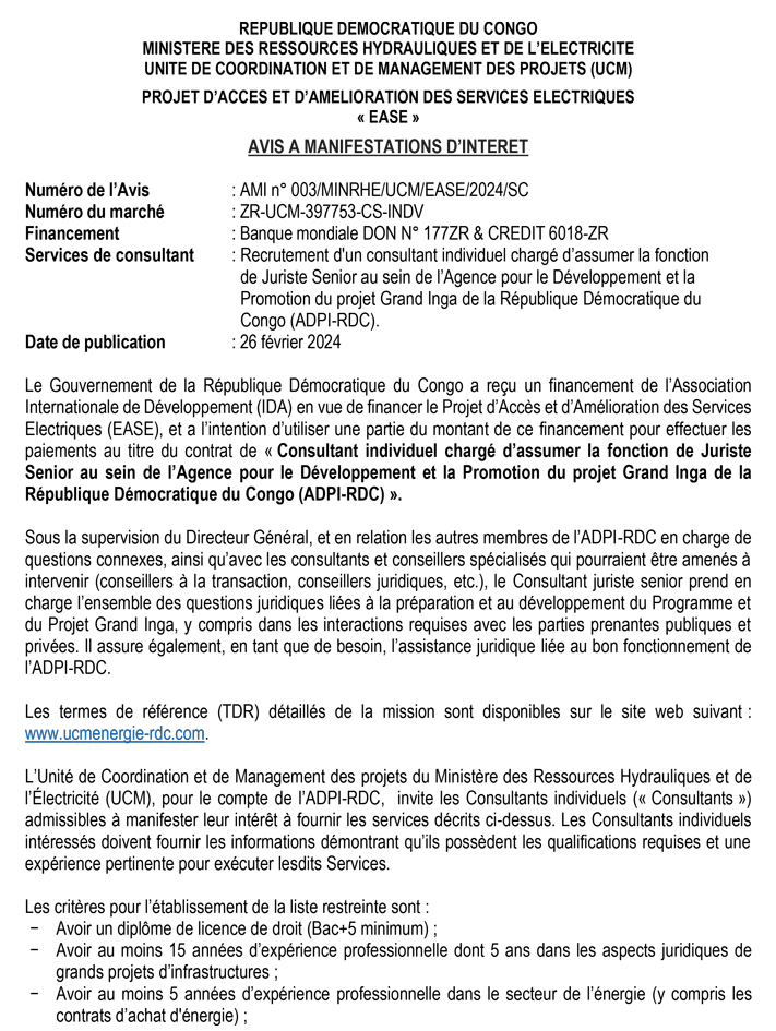 mediacongo.net - Offre d'emploi - Juriste Senior