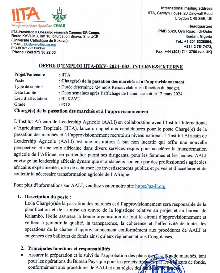 mediacongo.net - Offre d'emploi - Chargé(e) de la passation des marchés et à l'approvisionnement