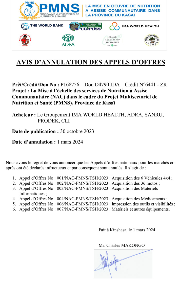 mediacongo.net - Offre d'emploi - Avis d'annulation des Appels d'offres