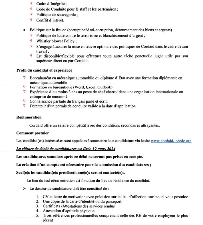 mediacongo.net - Offre d'emploi - Chef(fe) Charroi automobile