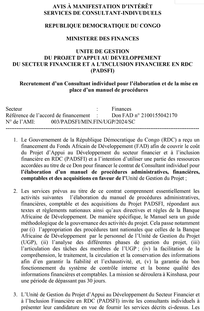 mediacongo.net - Offre d'emploi - Consultant individuel pour l’élaboration et de la mise en ...
