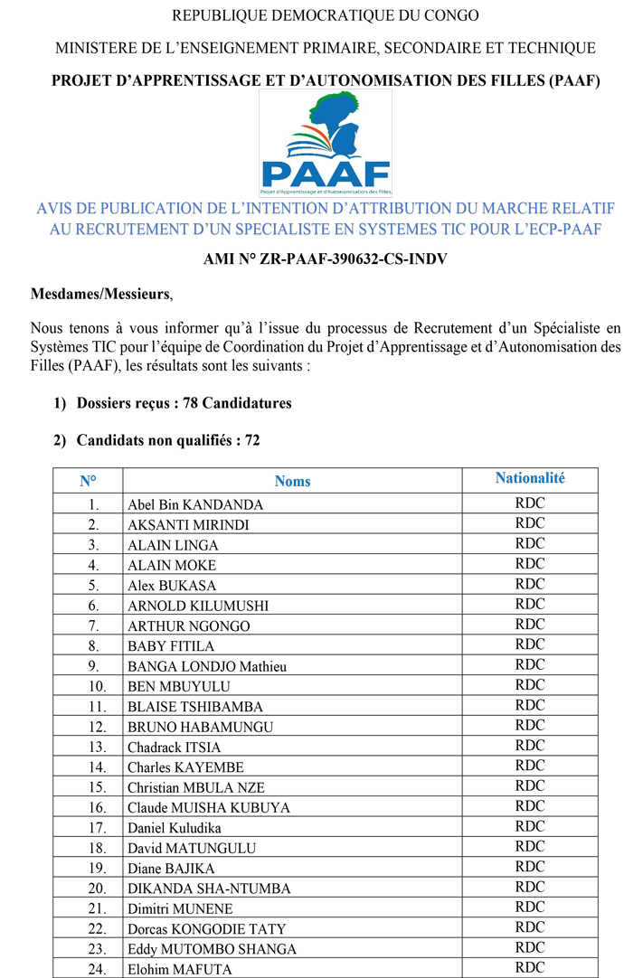 mediacongo.net - Offre d'emploi - ATTRIBUTION DU MARCHE : Spécialisme ...