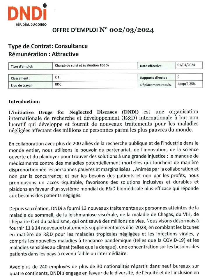 mediacongo.net - Offre d'emploi - Chargé de suivi et évaluation 100%