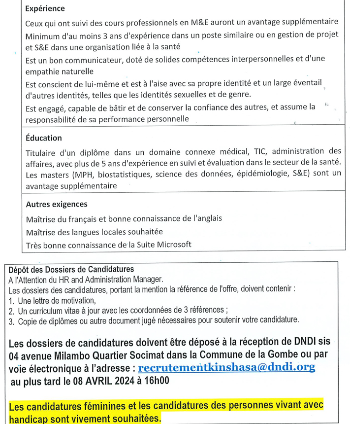 mediacongo.net - Offre d'emploi - Chargé de suivi et évaluation 100%