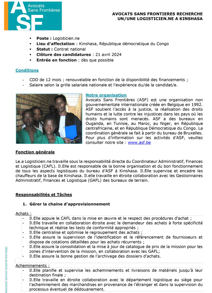 mediacongo.net - Offre d'emploi - Logisticien(ne)