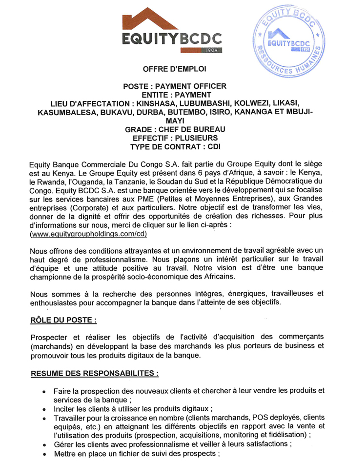 mediacongo.net - Offre d'emploi - Payment Officer