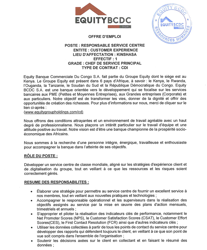 mediacongo.net - Offre d'emploi - Responsable Service Centre