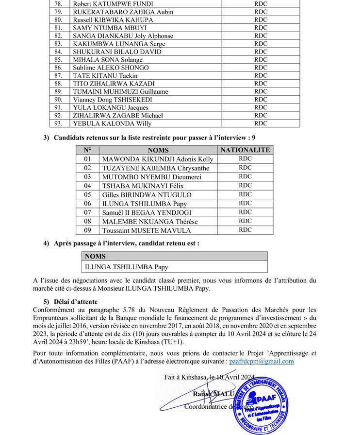 mediacongo.net - Offre d'emploi - ATTRIBUTION DU MARCHE : Spécialiste ...