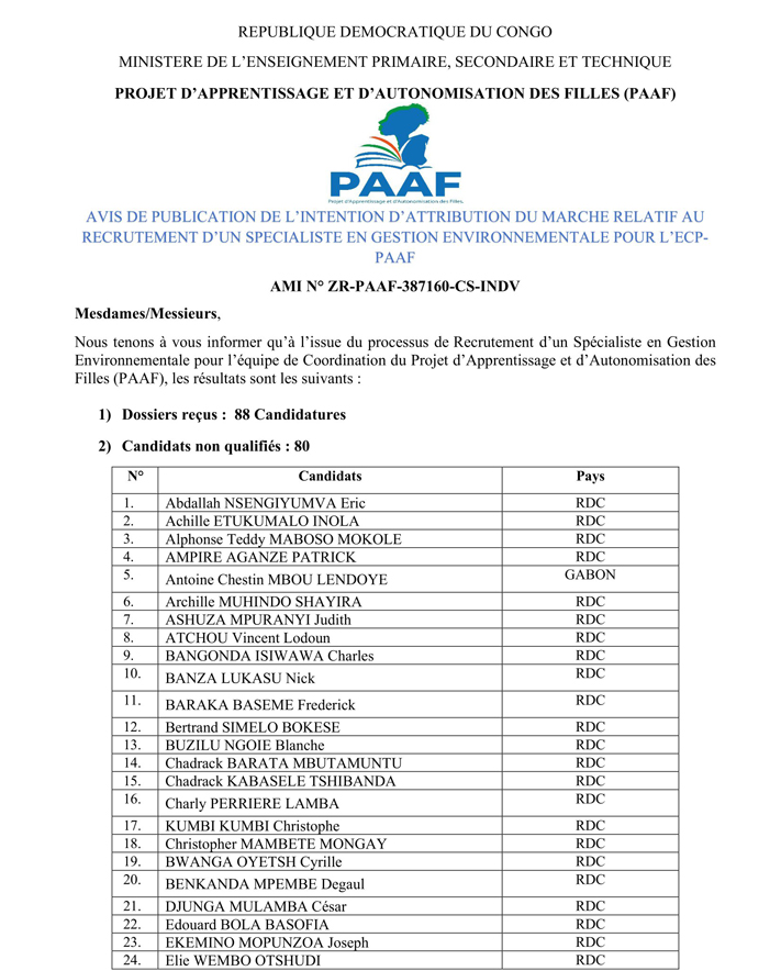 mediacongo.net - Offre d'emploi - ATTRIBUTION DU MARCHE : Spécialiste ...