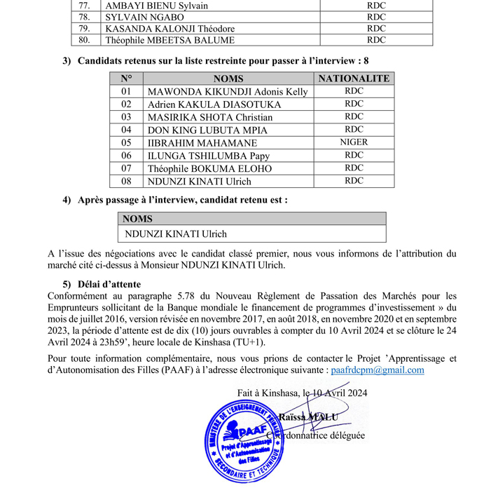 mediacongo.net - Offre d'emploi - ATTRIBUTION DU MARCHE : Spécialiste ...