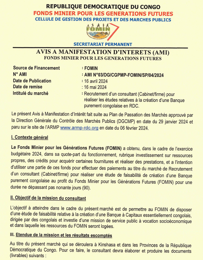 mediacongo.net - Offre d'emploi - Consultant (Cabinet/firme) pour ...