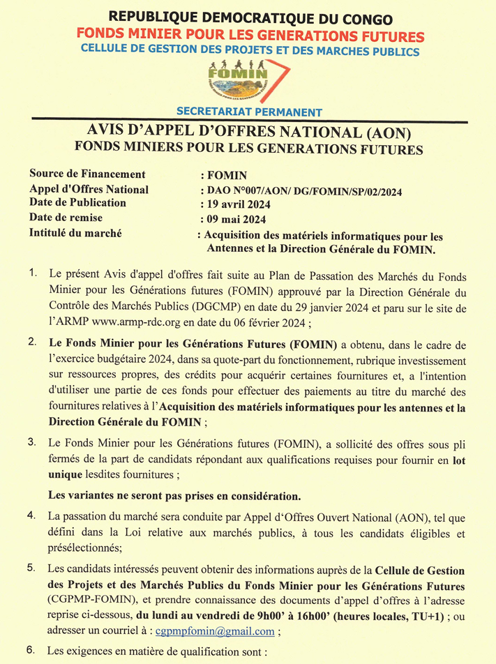 mediacongo.net - Offre d'emploi - Acquisition des matériels informatiques pour les Antennes et ...