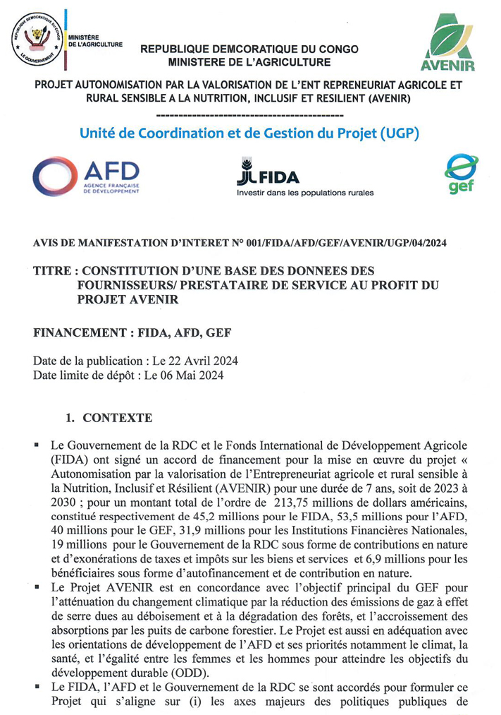 mediacongo.net - Offre d'emploi - Constitution d'une base des données des Fournisseurs ...