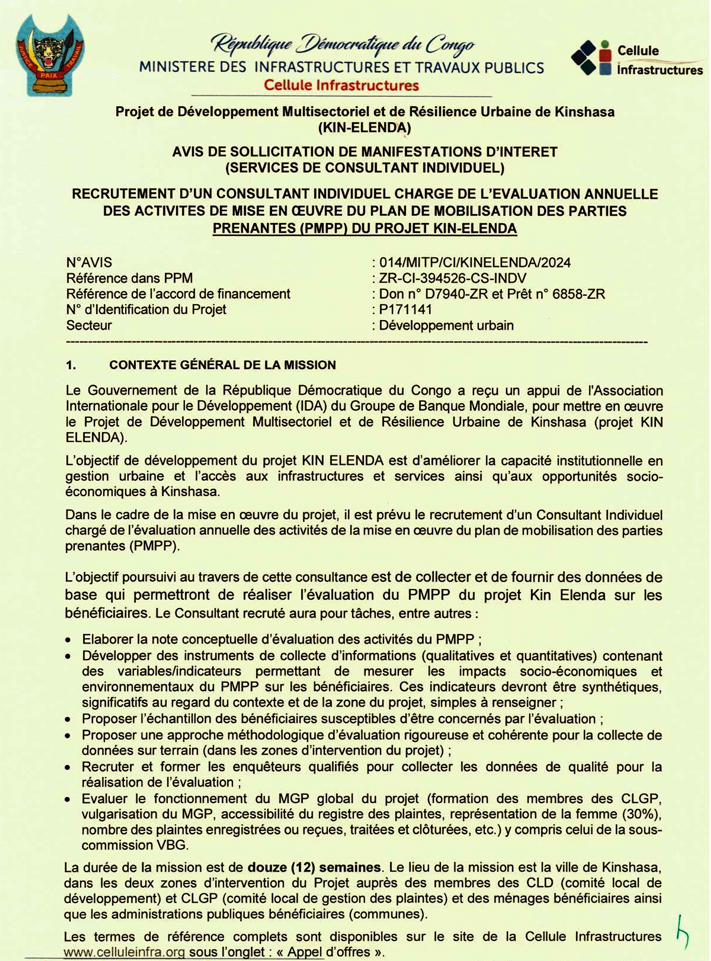 mediacongo.net - Offre d'emploi - Consultant individuel chargé de l'évaluation annuelle des ...