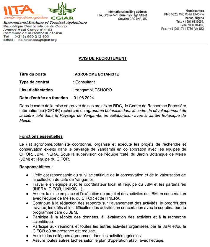 mediacongo.net - Offre d'emploi - Agronome botaniste