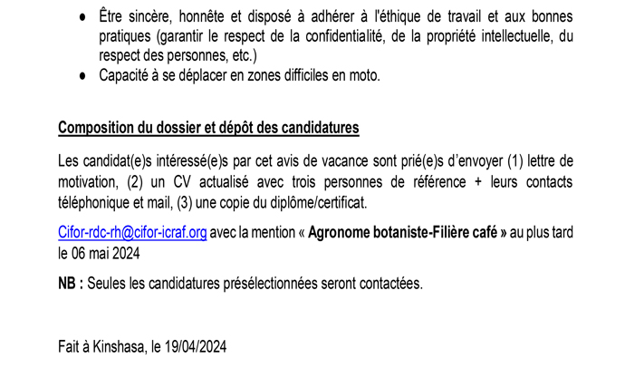mediacongo.net - Offre d'emploi - Agronome botaniste