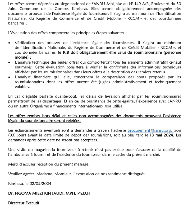 mediacongo.net - Offre d'emploi - Acquisition d'une Ambulance Tout ...