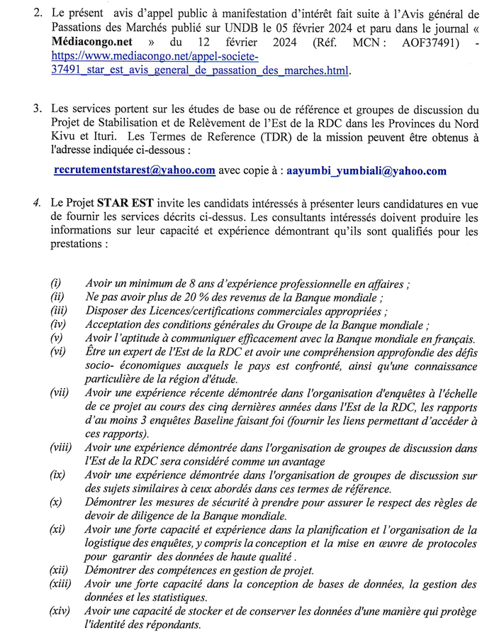 mediacongo.net - Offre d'emploi - Consultant/firme chargé des études de base ou de référence et ...