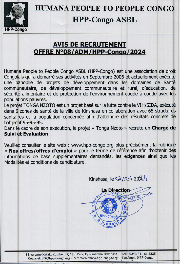 mediacongo.net - Offre d'emploi - Chargé de Suivi et Evaluation