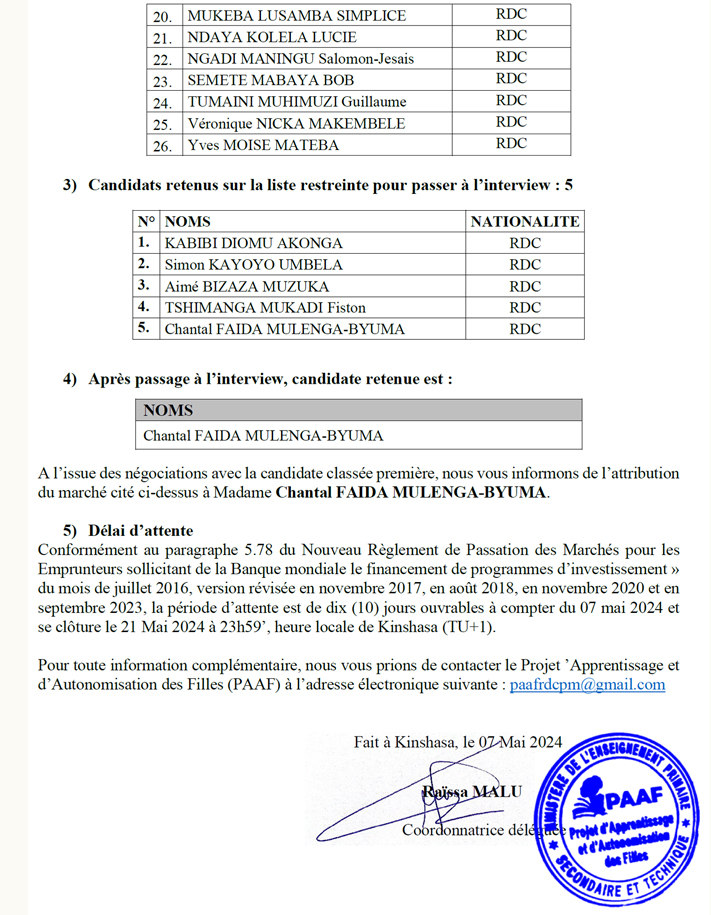 mediacongo.net - Offre d'emploi - Intention d’attribution du marché : Spécialiste responsable ...