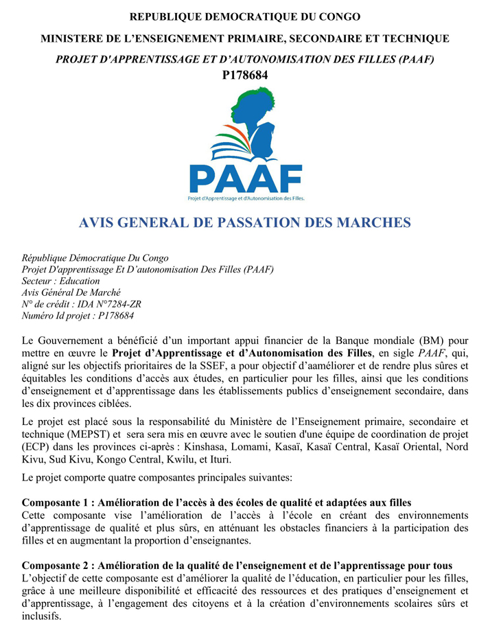 mediacongo.net - Offre d'emploi - Avis général de passation des marchés