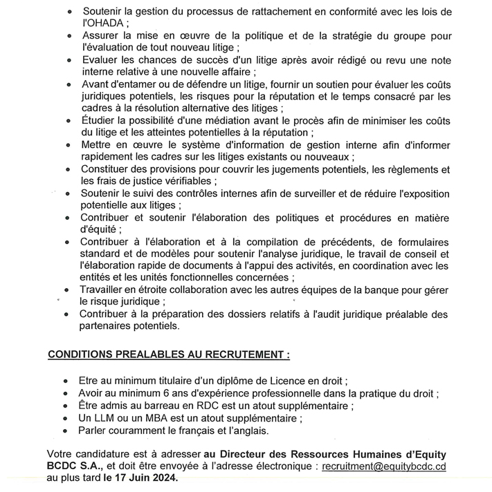 mediacongo.net - Offre d'emploi - Responsable des Contentieux