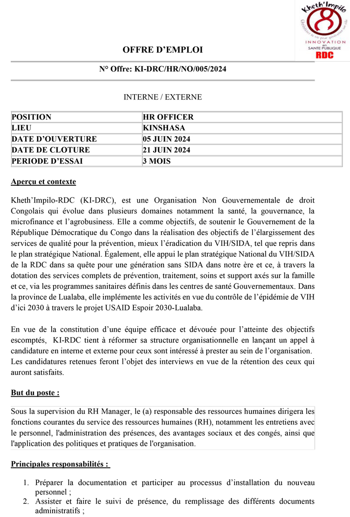 mediacongo.net - Offre d'emploi - HR Officer