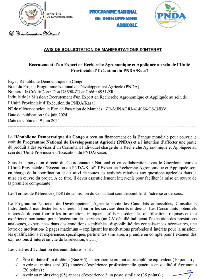 mediacongo.net - Offre d'emploi - Expert en Agronomie et Recherche Appliquée