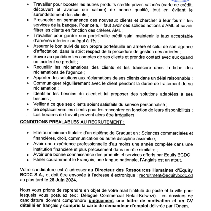 mediacongo.net - Offre d'emploi - Délégué Commercial Retail