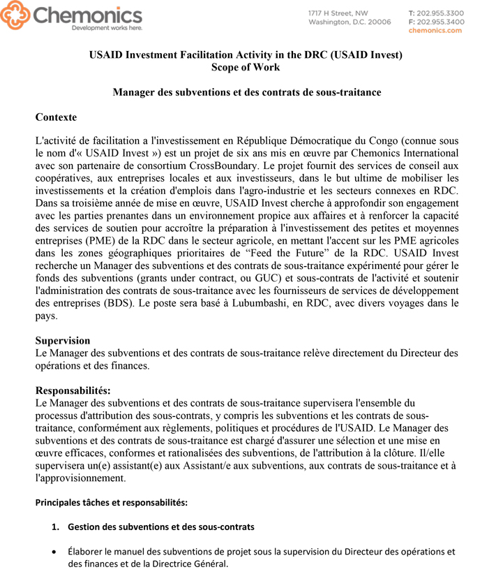 mediacongo.net - Offre d'emploi - Manager des subventions et des ...