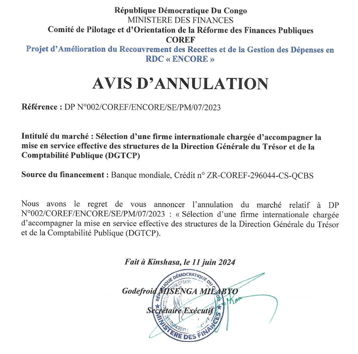mediacongo.net - Offre d'emploi - Avis d'annulation : Sélection d'une firme internationale ...