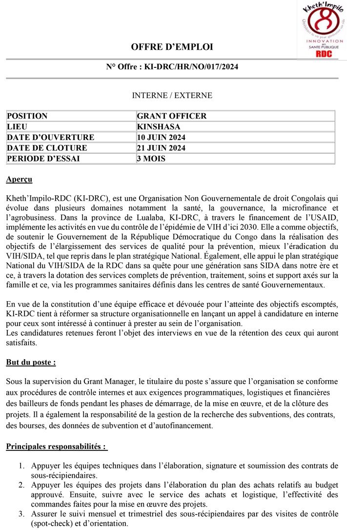 mediacongo.net - Offre d'emploi - Grant Officer