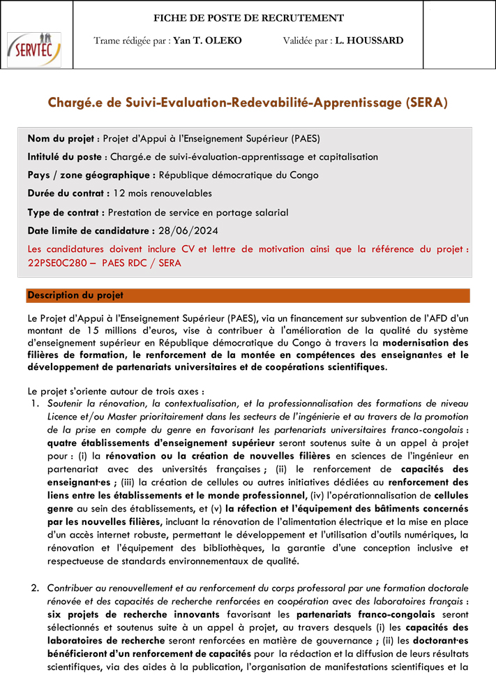 mediacongo.net - Offre d'emploi - Chargé(e) de Suivi - Evaluation ...