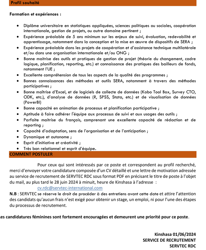 mediacongo.net - Offre d'emploi - Chargé(e) de Suivi - Evaluation - Redevabilité - Apprentissage ...
