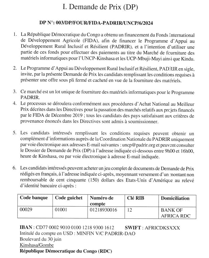 mediacongo.net - Offre d'emploi - Demande d'offre de prix pour l'acquisition et livraison des ...