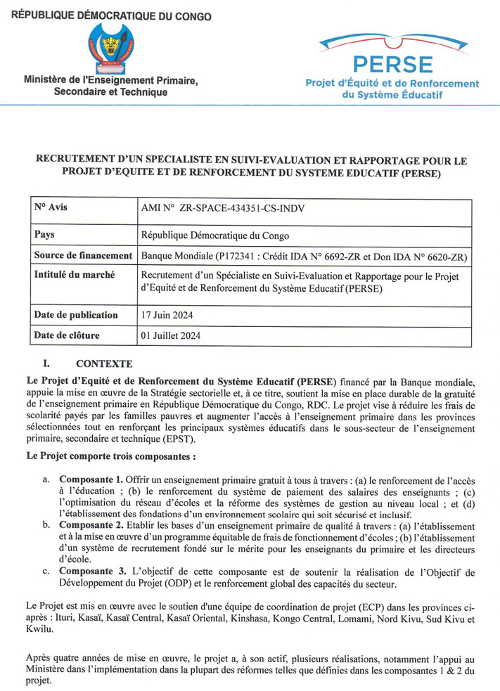 mediacongo.net - Offre d'emploi - Spécialiste en Suivi-Evaluation et Rapportage