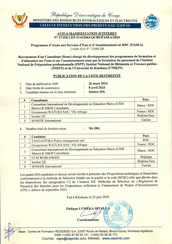 mediacongo.net - Offre d'emploi - LISTE RESTREINTE : Consultant (firme ...