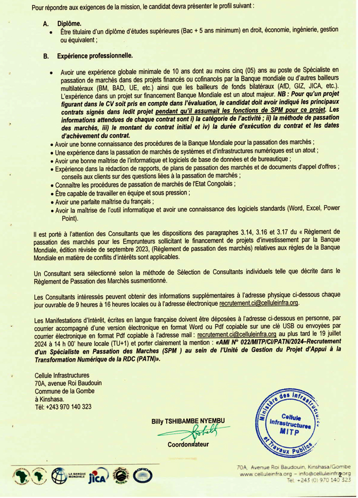 mediacongo.net - Offre d'emploi - Spécialiste en Passation des Marchés ...