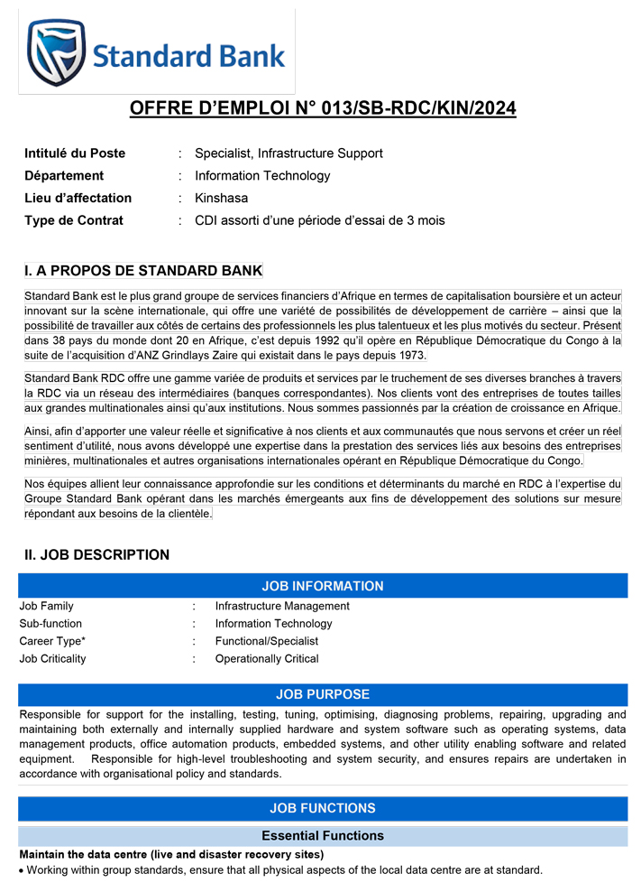 mediacongo.net - Offre d'emploi - Specialist, Infrastructure Support