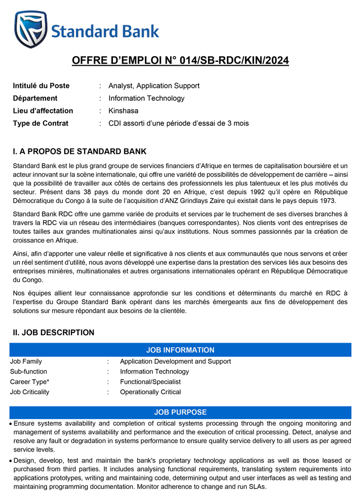 mediacongo.net - Offre d'emploi - Analyst, Application Support