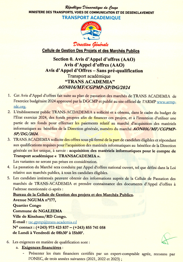 mediacongo.net - Offre d'emploi - Acquisition des matériels informatiques pour le compte de ...