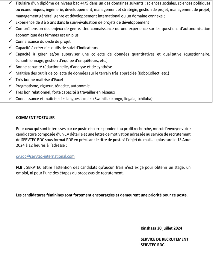 mediacongo.net - Offre d'emploi - Chargé(e) de suivi-évaluation