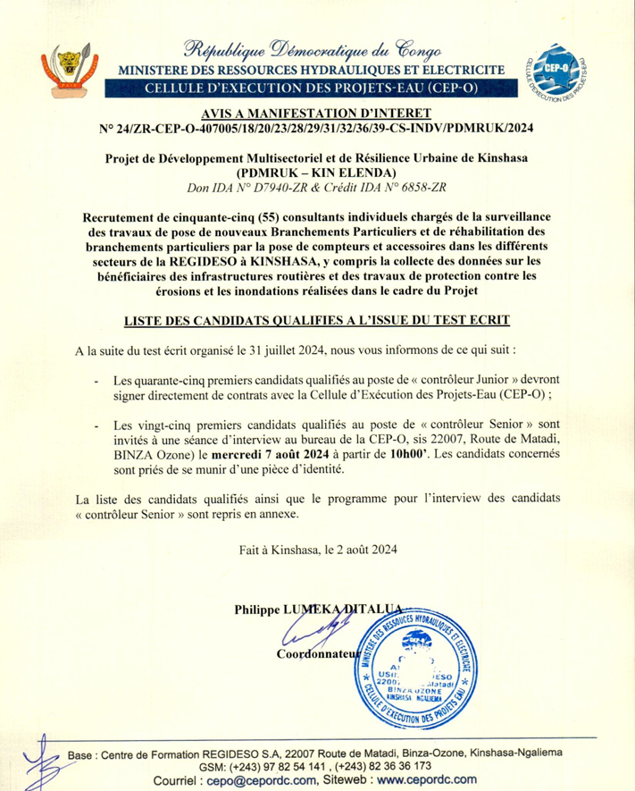 mediacongo.net - Offre d'emploi - LISTE DES CANDIDATS QUALIFIES : 55 ...