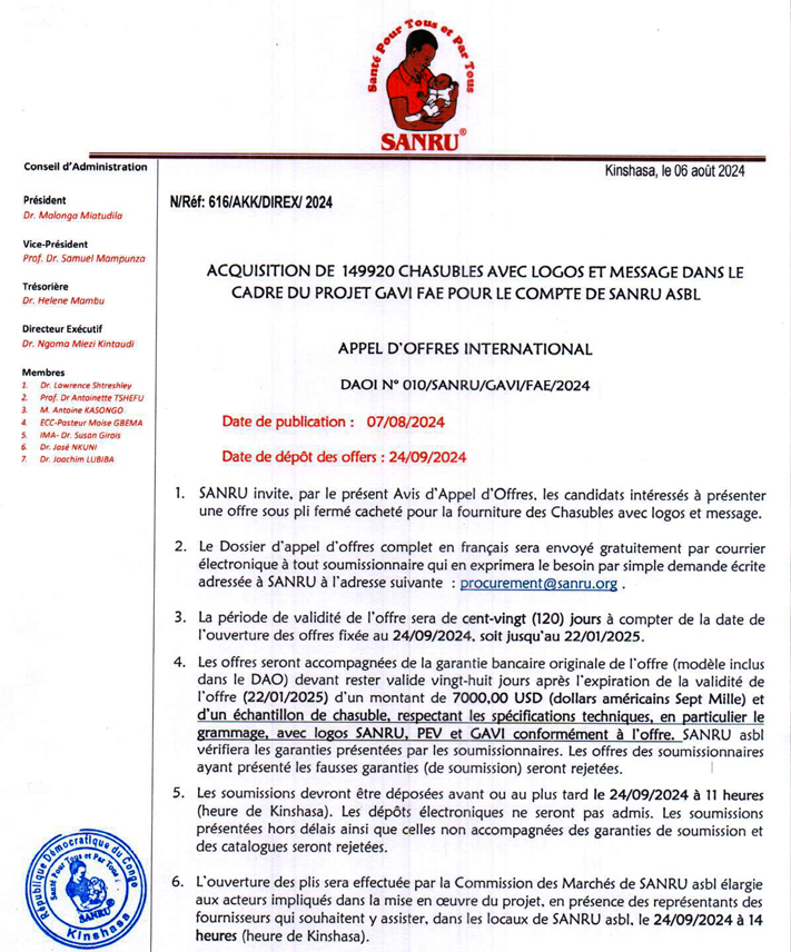 mediacongo.net - Offre d'emploi - Acquisition de 149920 chasubles avec ...