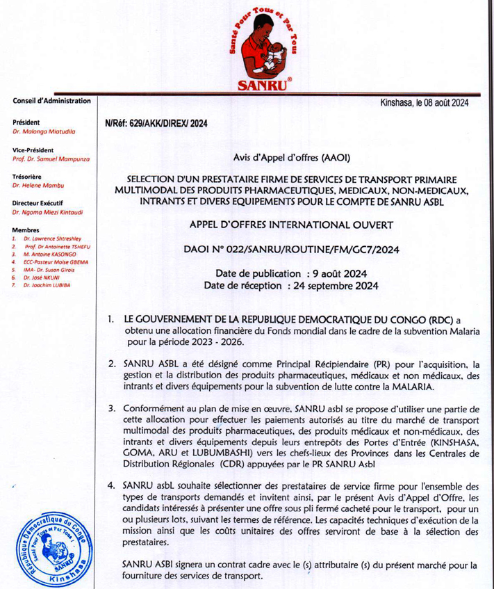 mediacongo.net - Offre d'emploi - Prestataire firme de services de transport primaire multimodal ...