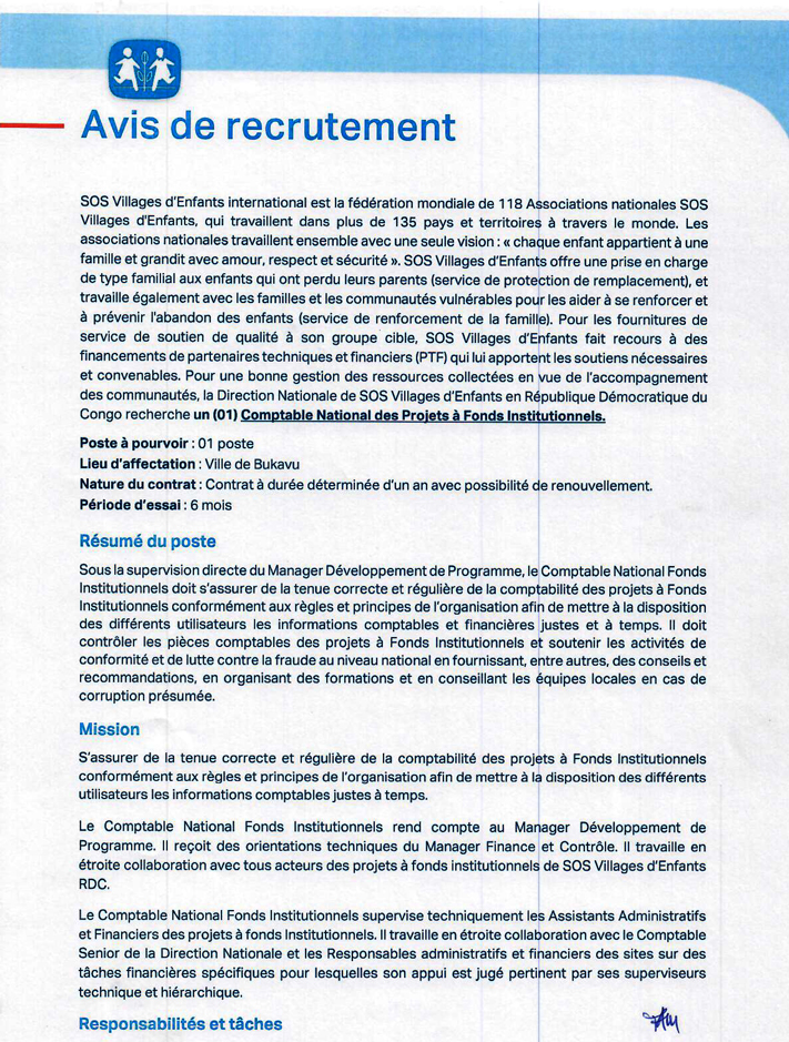 mediacongo.net - Offre d'emploi - Comptable National des Projets à Fonds Institutionnels