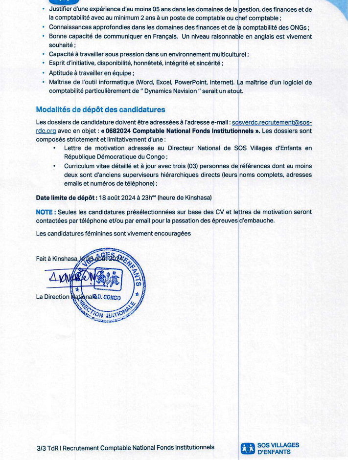 mediacongo.net - Offre d'emploi - Comptable National des Projets à Fonds Institutionnels