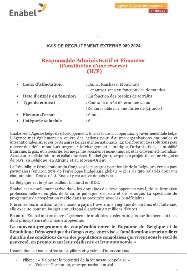mediacongo.net - Offre d'emploi - Responsable Administratif et Financier